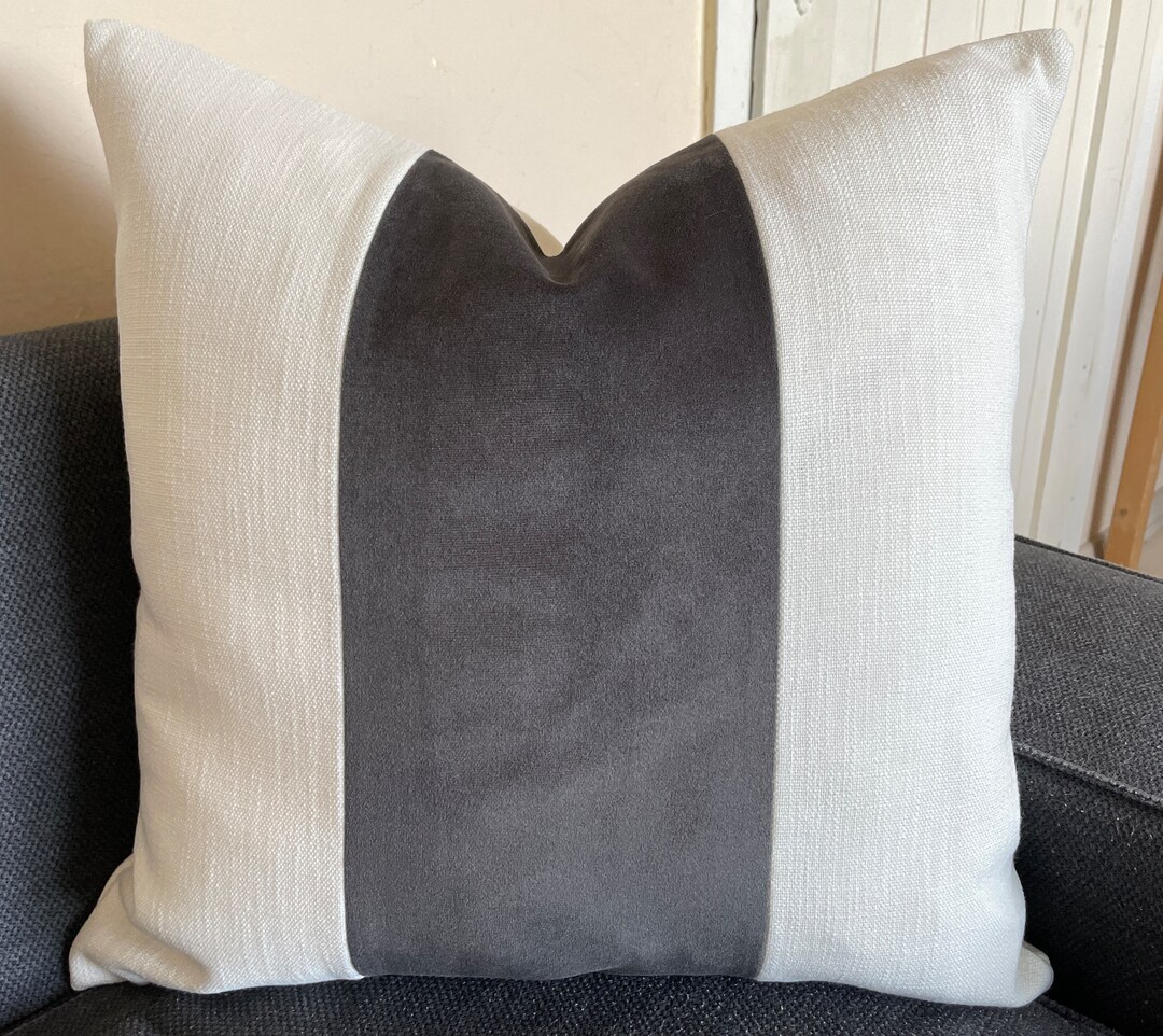 Gray Velvet and White Pillow, Dark Gray Velvet Pillow, Gray Block ...