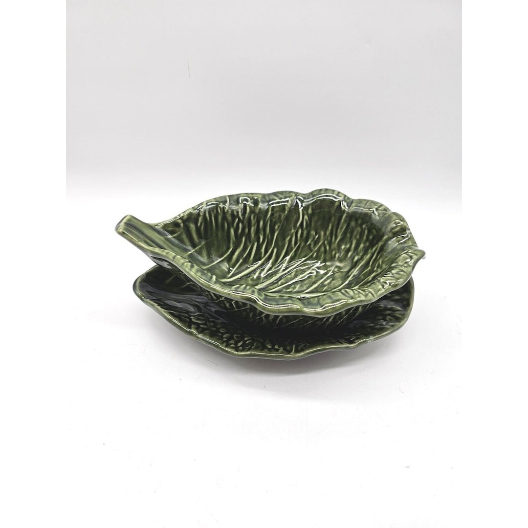 Vintage Cabbage Leaf Gravy Boat and Drip Bowl Ceramic Portugal? Green ...