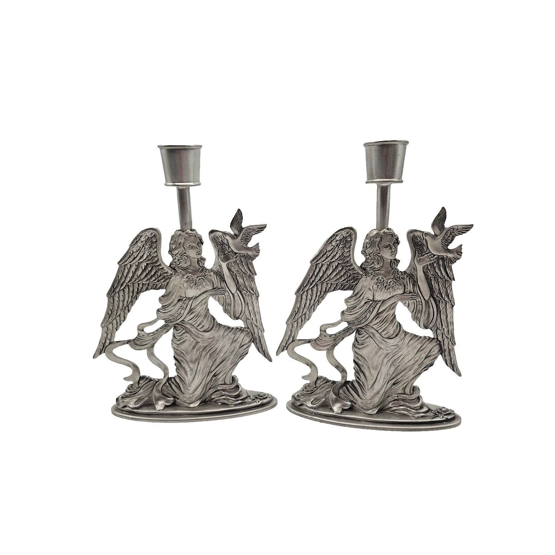 Vintage Silver Christmas Angel Tapered Candleholder Pair Seagull Pewter ...
