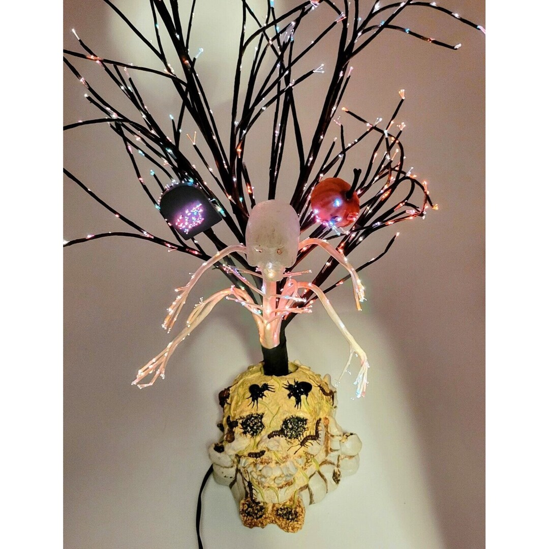 Vtg Puleo Tree Co Halloween Haunted Tree and Skull W/ Bugs Fiber Optic ...