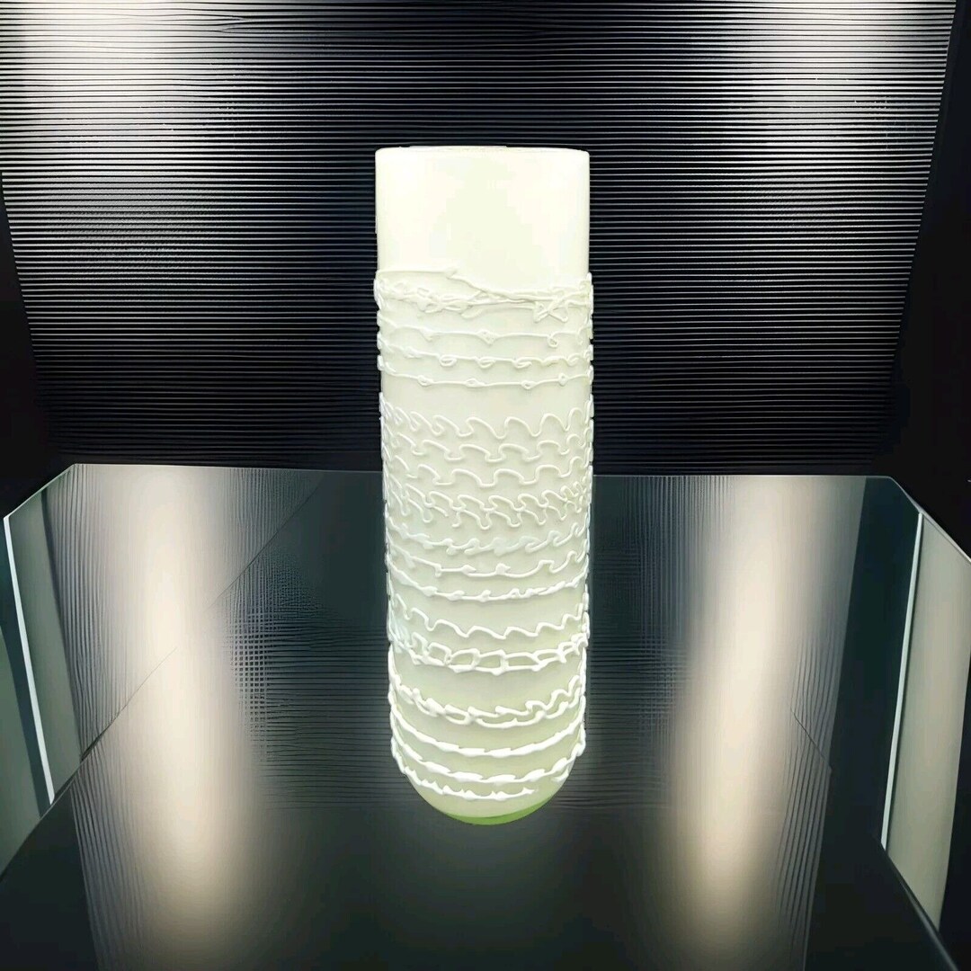 White Glass Cylinder 16" Vase Applied Ruffled Ribbon Contemporary ...