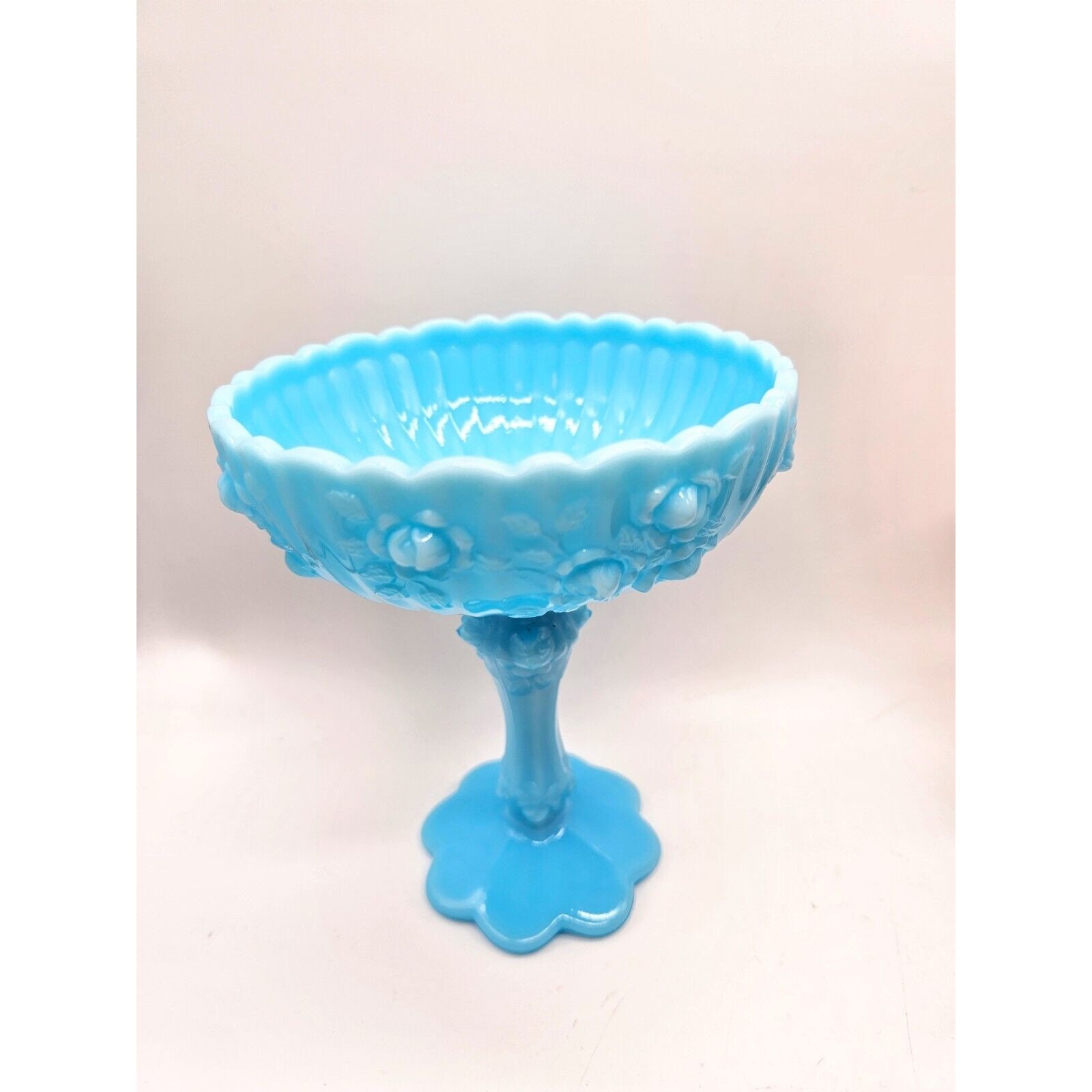 Pastel Blue Slag Glass Compote Candy Dish Cabbage Rose by Fenton Easter ...