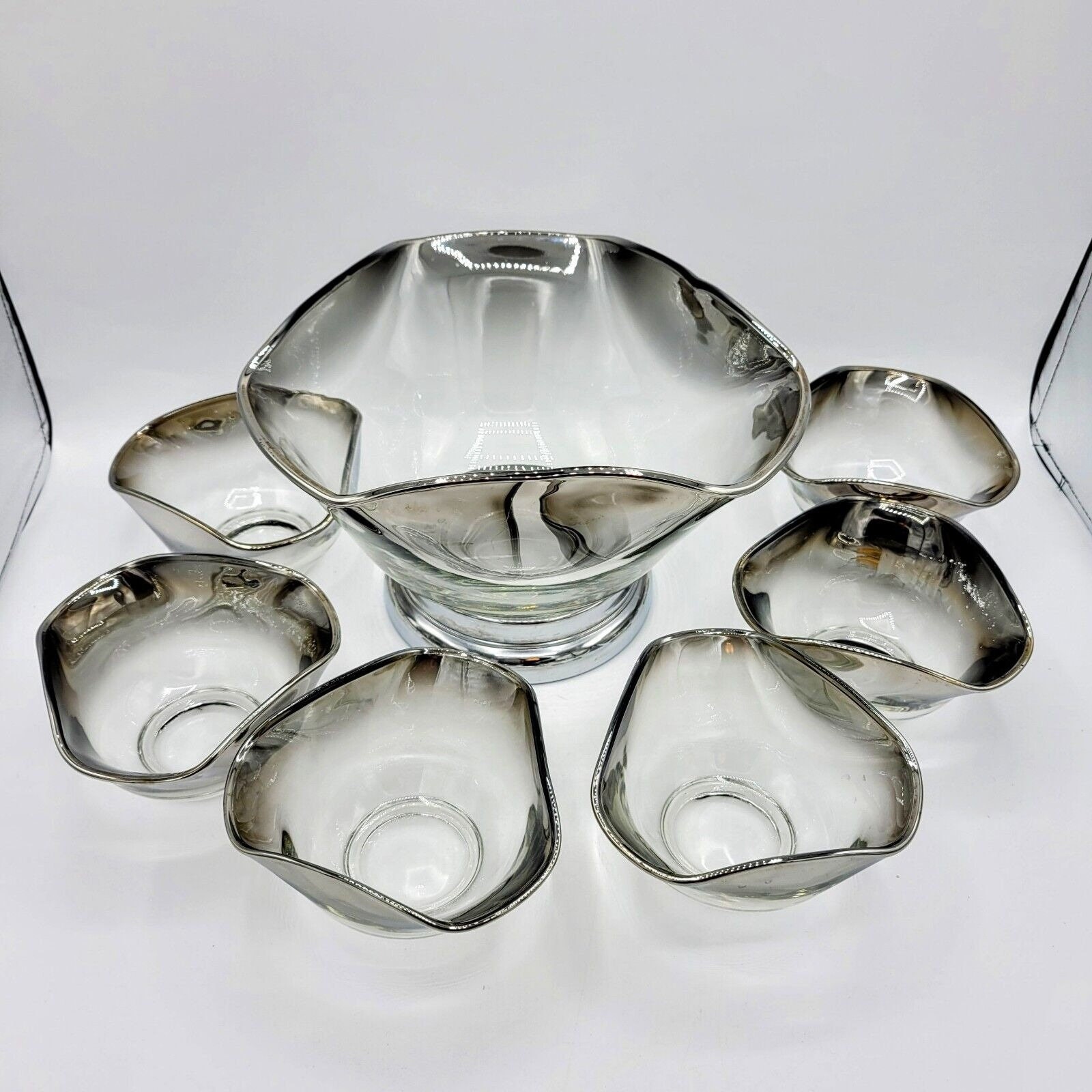Vintage Dorothy Thorpe Wavy Smokey Silver Fade MCM Snack Bowl With 6 ...