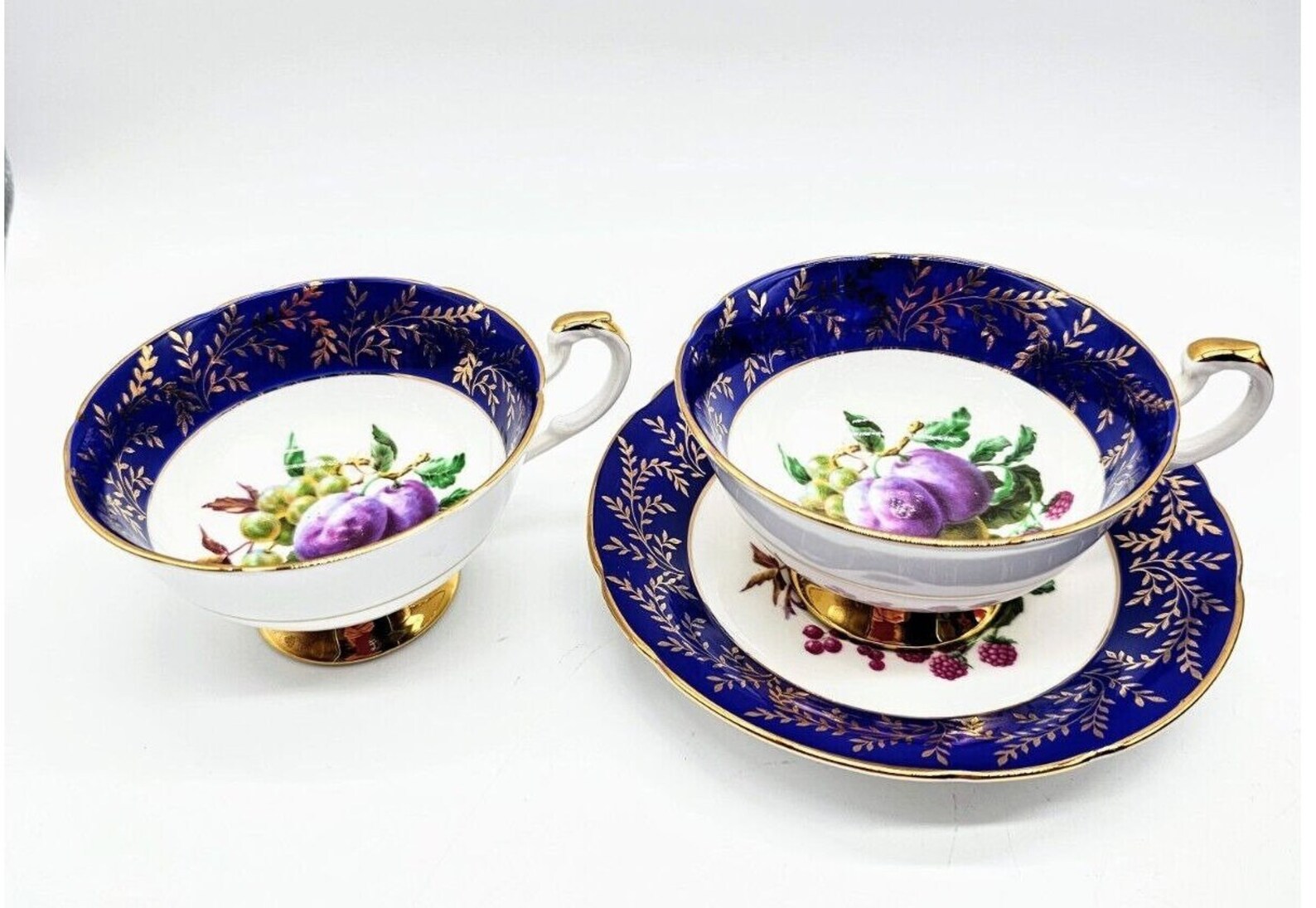 Imperial Teacup Pair and Single Saucer Cobalt Blue and Gold,fruit ...