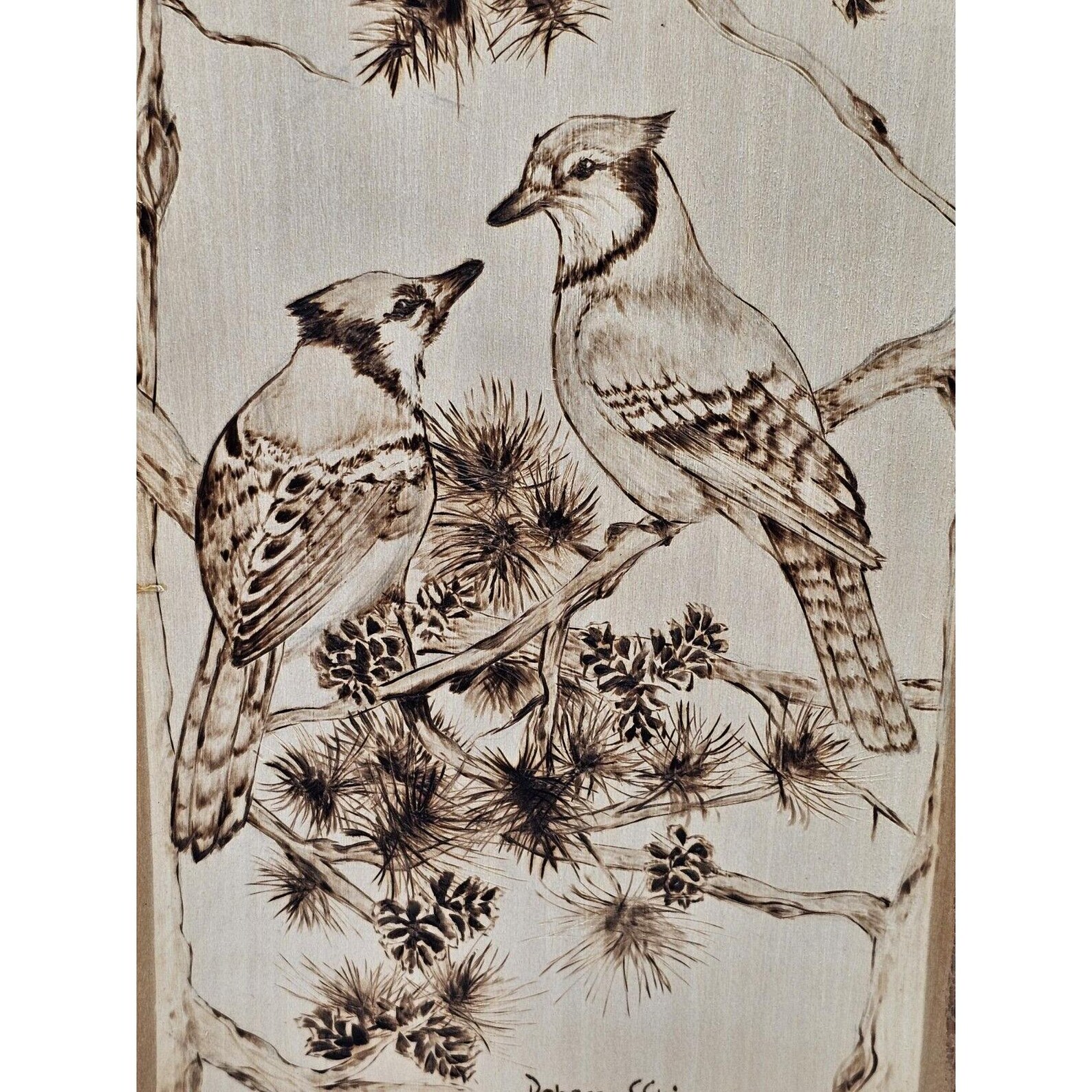 Handmade Pyrography Blue Jay Birds Pair Wooden 13x10" Plaque Artisan ...