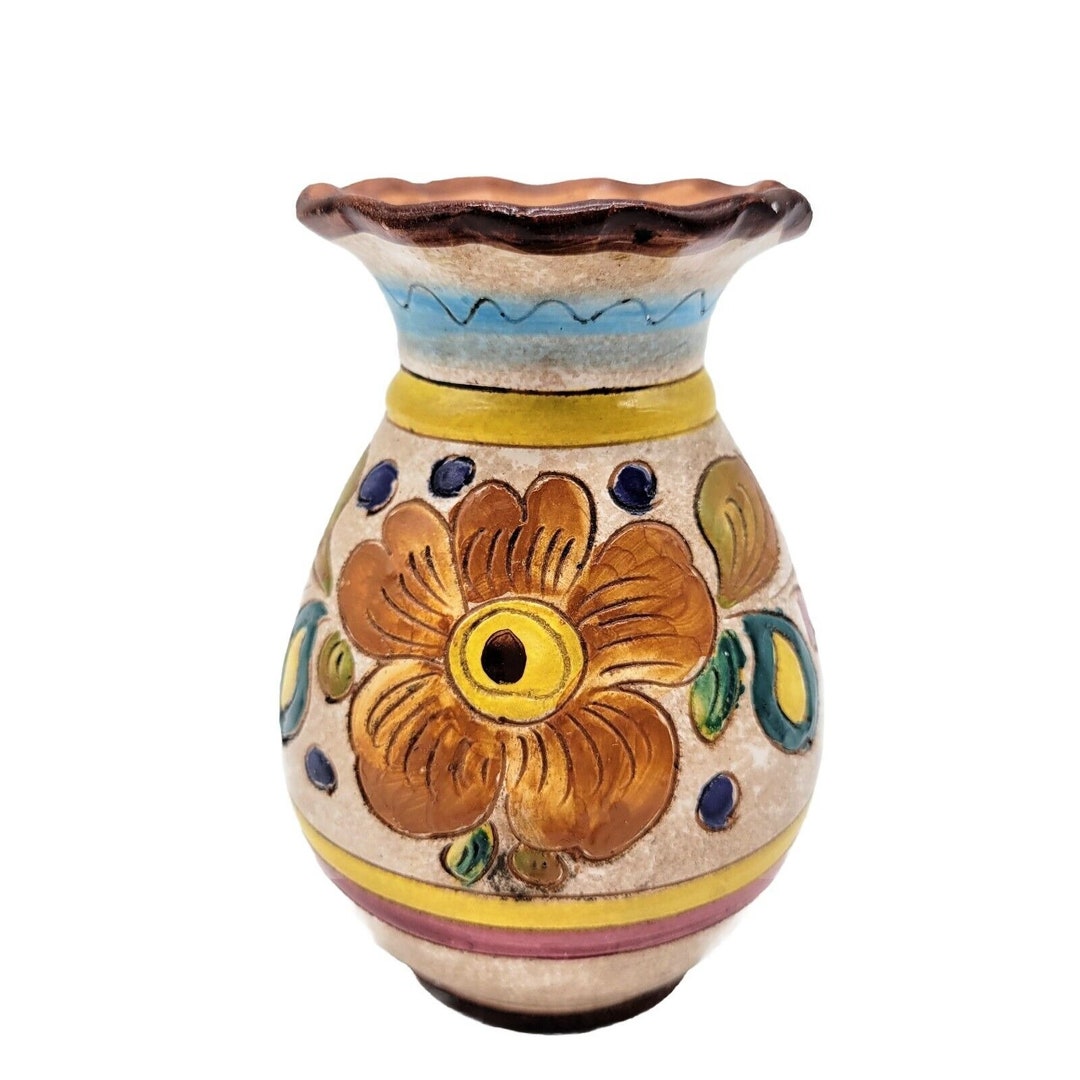 Small 5" Clay Bud Vase From Italy Handpainted Handmade Vintage Flowers ...