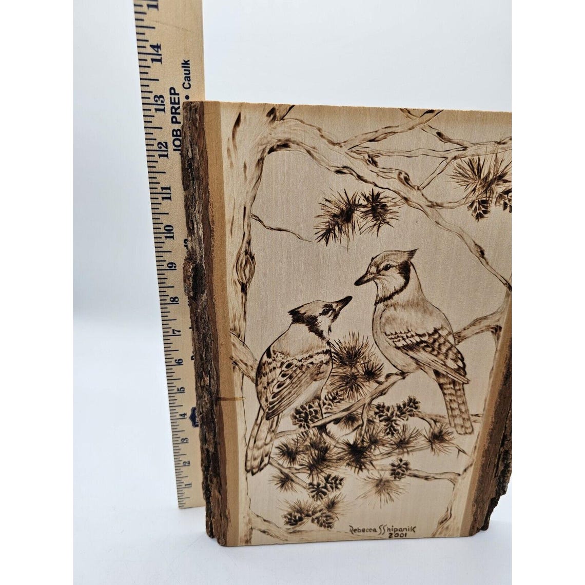 Handmade Pyrography Blue Jay Birds Pair Wooden 13x10" Plaque Artisan ...