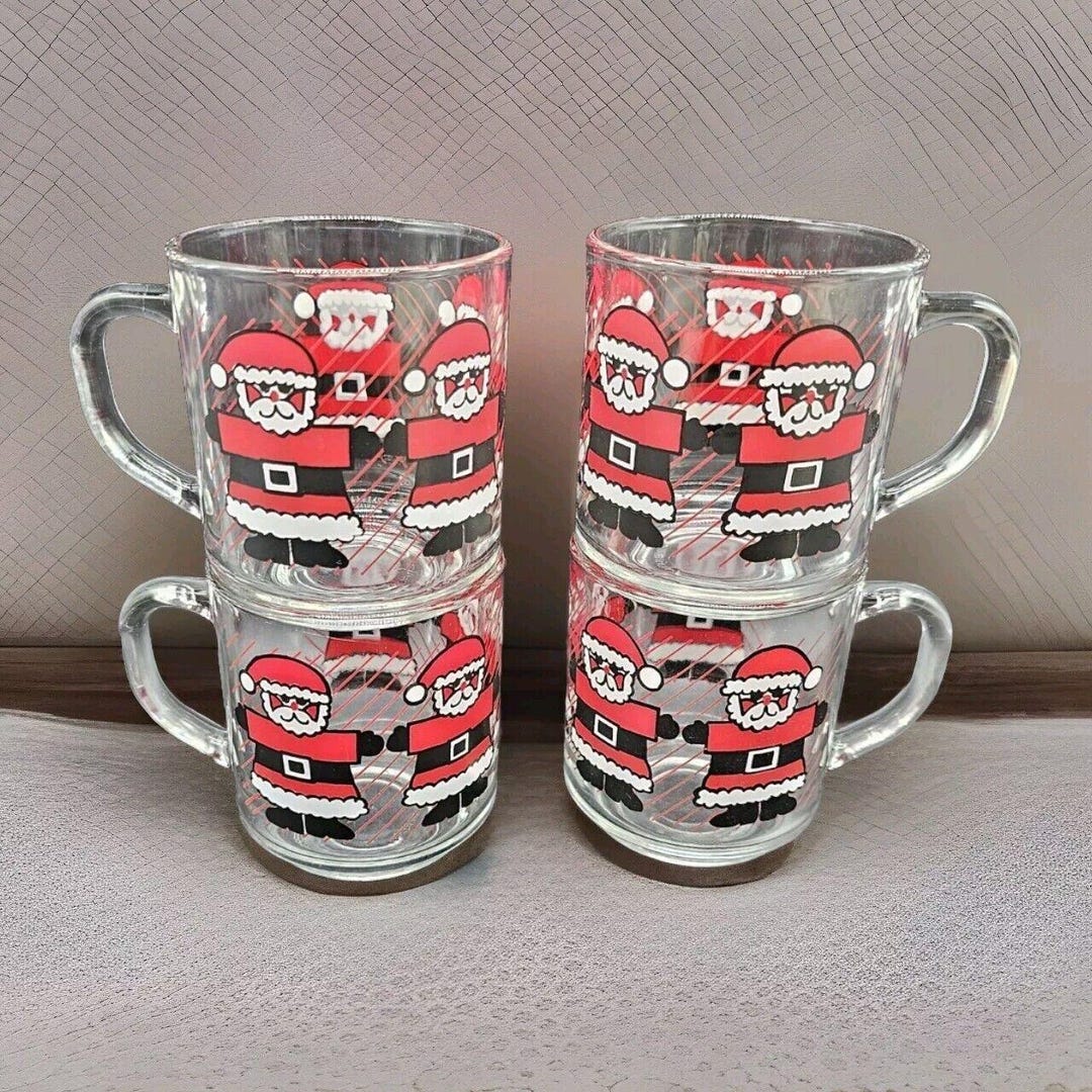 Vintage Luminarc France Santa Claus Glass 10 Oz Mugs Lot of 4 Christmas ...