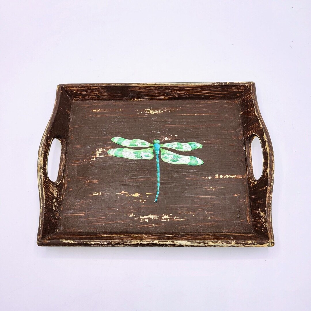 Small Wooden Tray With Handles and Handpainted Dragonfly Measures 9 X 7 Rare - Etsy