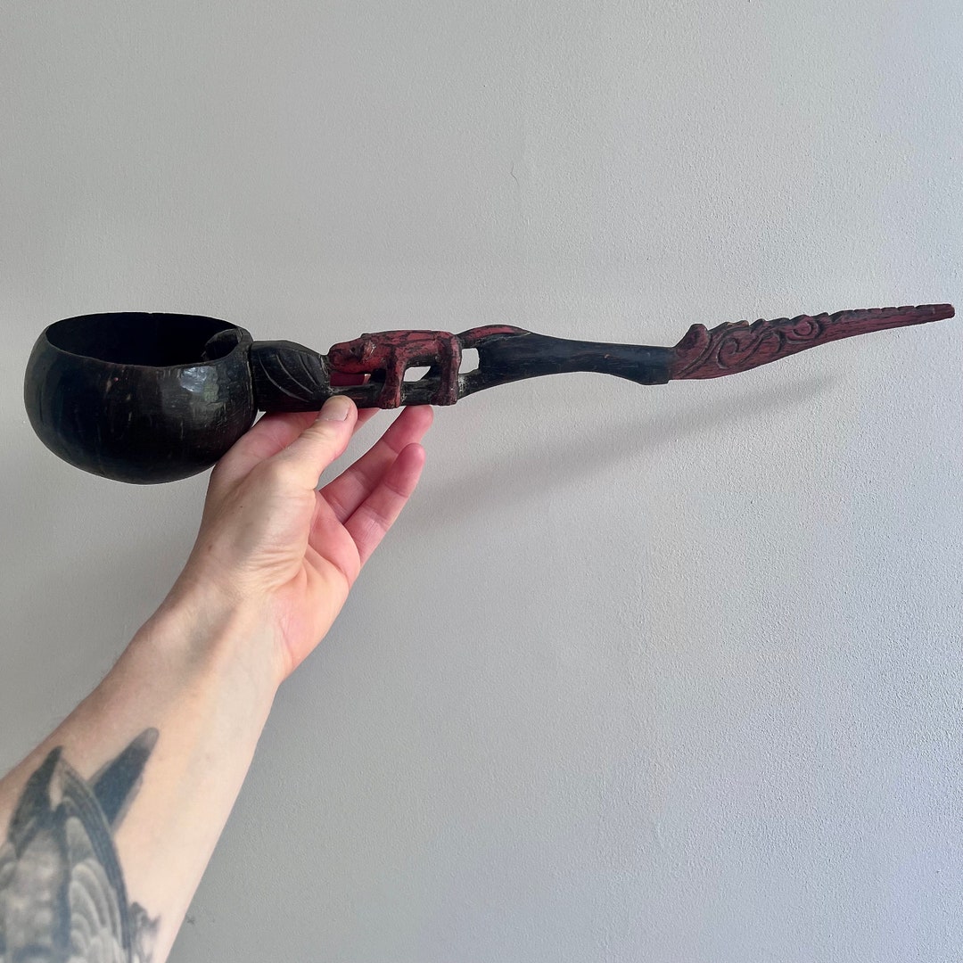 Vintage Carved Wood African Wood Spoon With Animal Handle , Red and ...