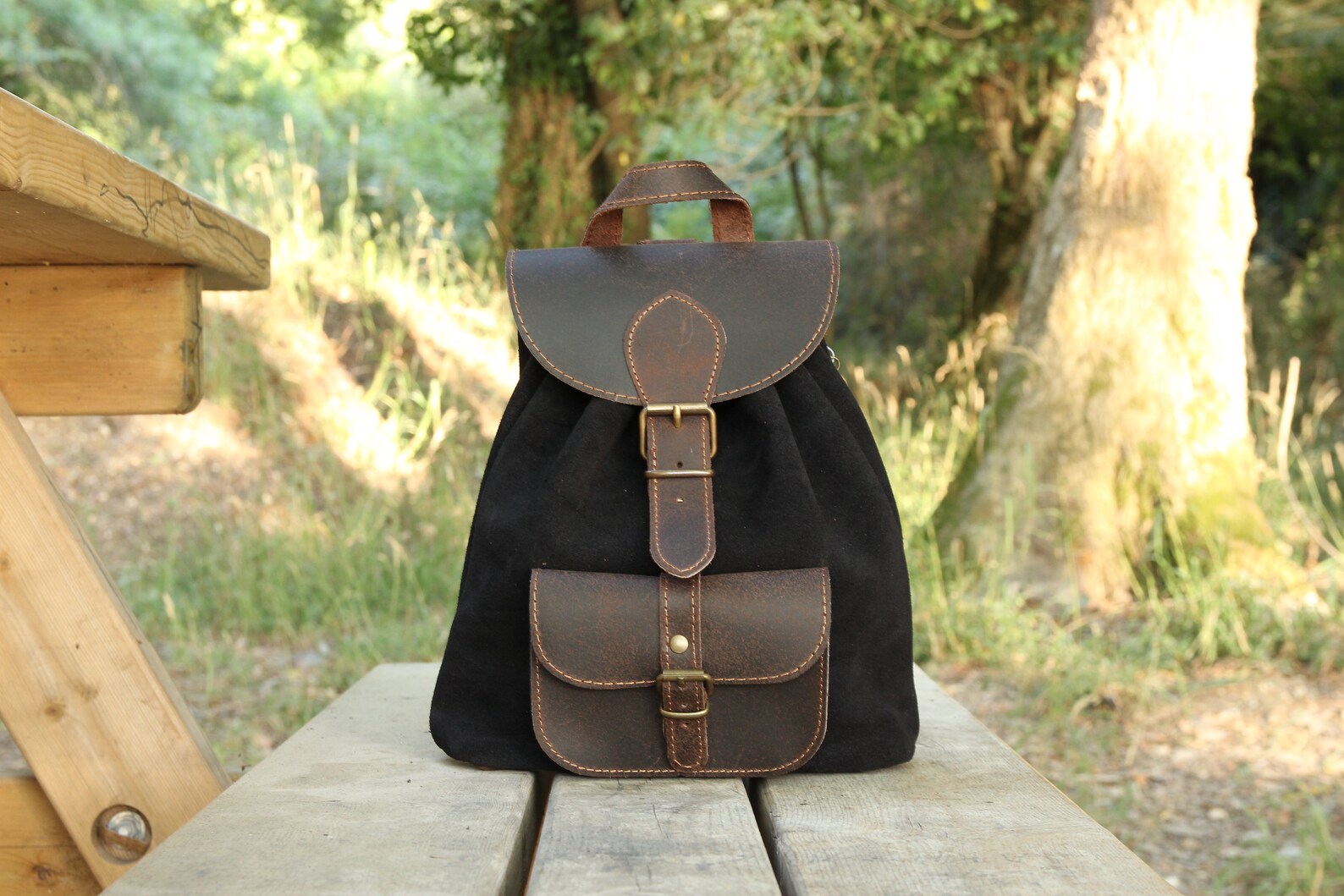 Caramel Small Backpack Suede With Dark Brown Leather Top and Pocket ...