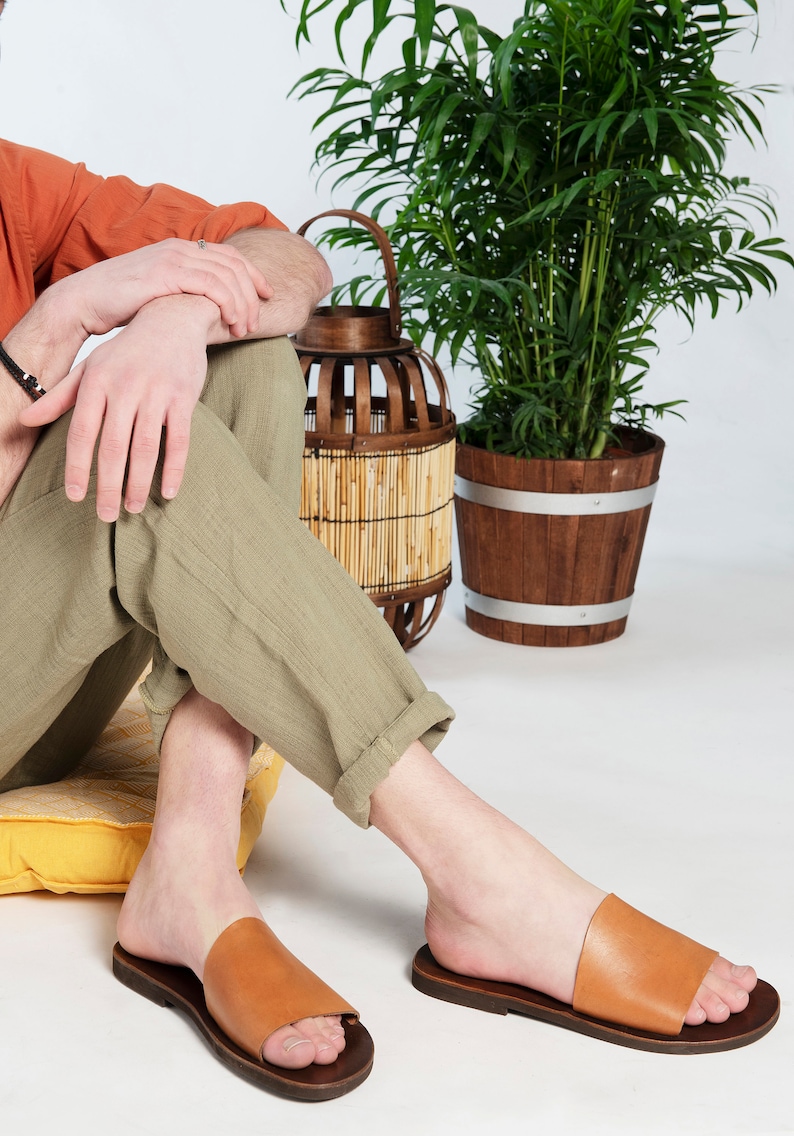 MENS BROWN SLIDES Sandals Genuine Leather Men Tan Sandals - Etsy