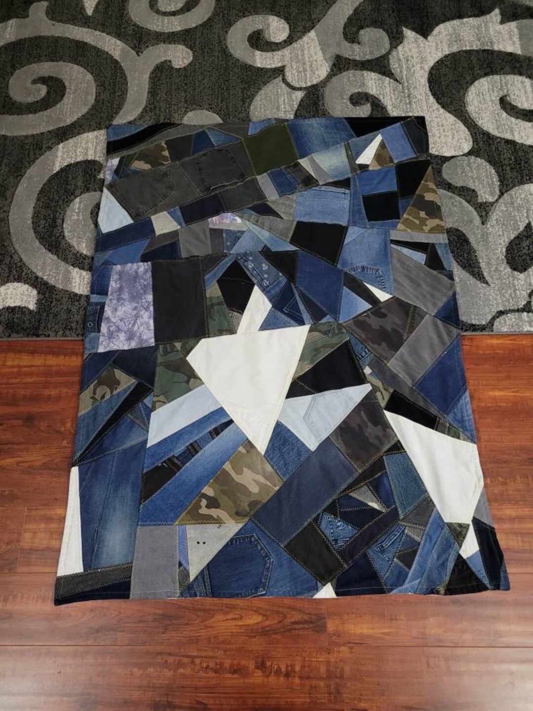 DENIM QUILTED BLANKET Quilted Geometric Pattern Recycled Denim Jeans ...