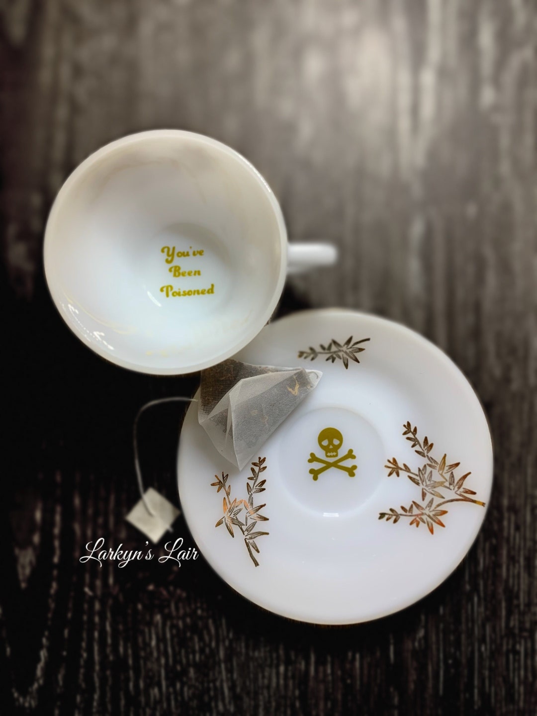 You've Been Poisoned Tea Cup & Saucer Set Retro Milk Glass Gold Flowers ...