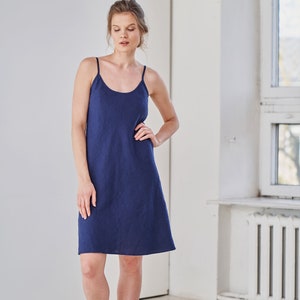 Linen Slip Dress, Linen Strap Dress, Dress With Adjustable Straps, Blue ...