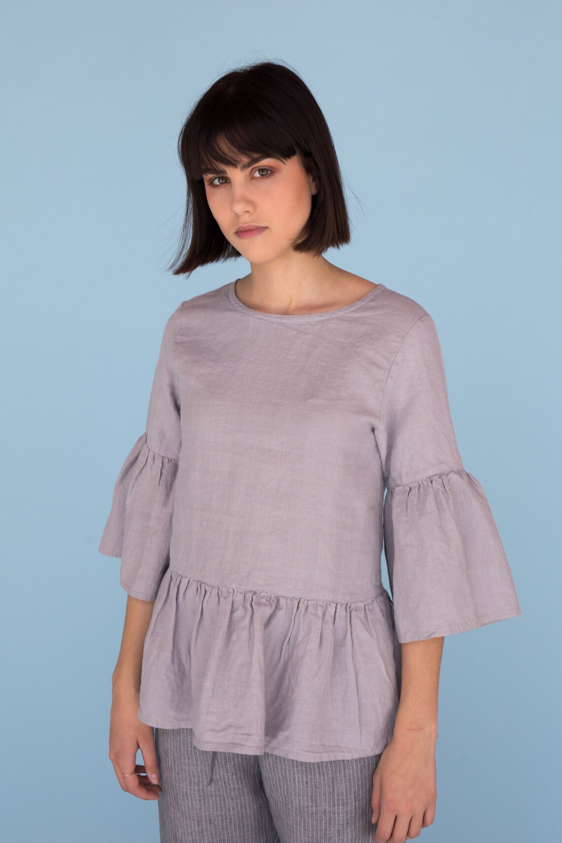 Linen Blouse, Linen Ruffle Top, Washed Linen Women's Blouse, Ruffle ...