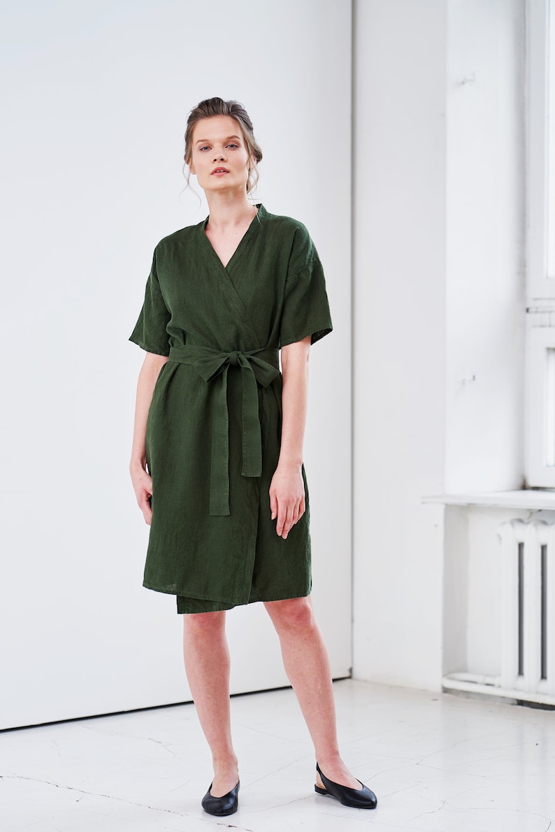 Linen Wrap Dress, Green Robe Dress, Linen Kimono Sleeve Dress, Washed ...
