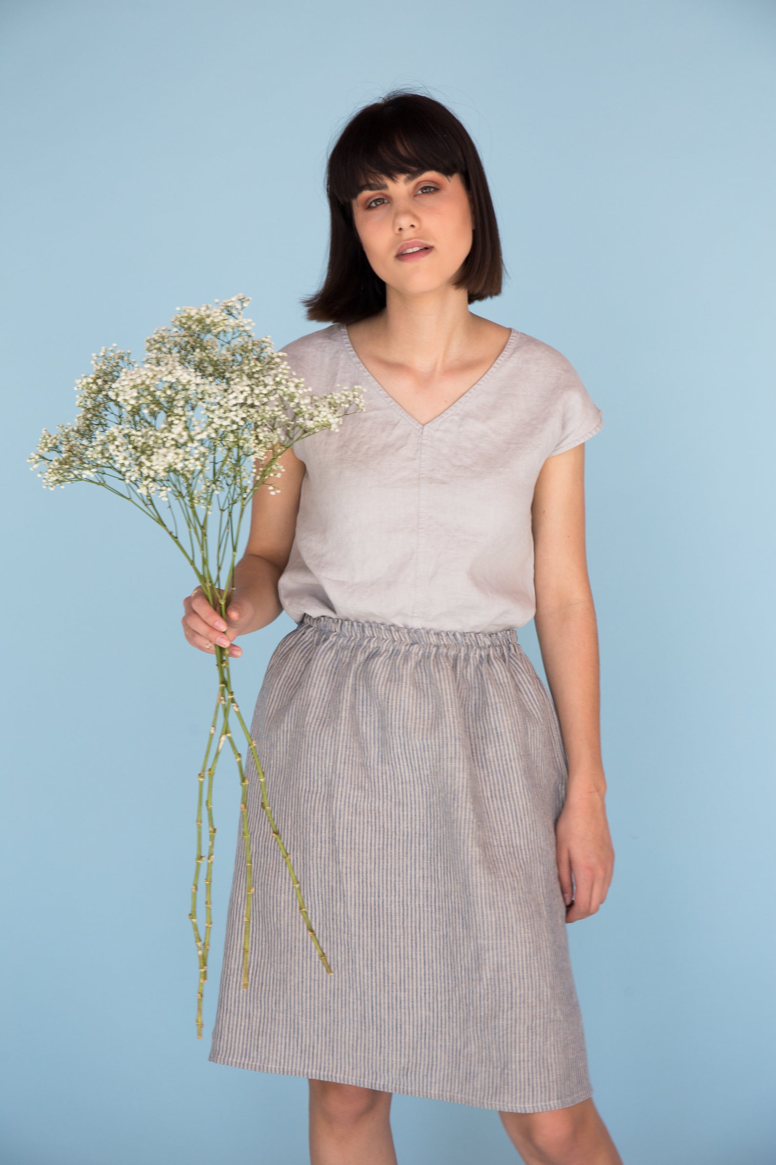 Linen Top, Washed Linen T Shirt, Grey Summer Top, V Neck Top for Women ...