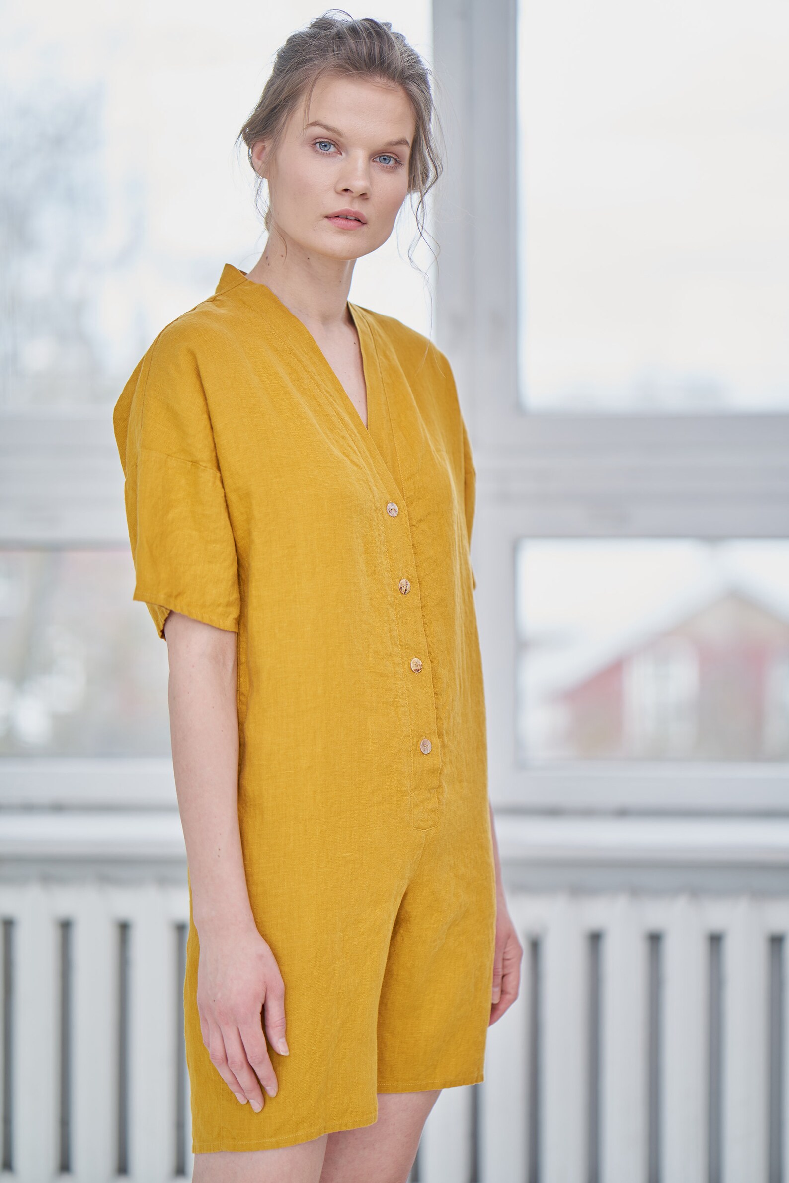 Linen Jumpsuit Linen Button Playsuit With Pockets Linen - Etsy