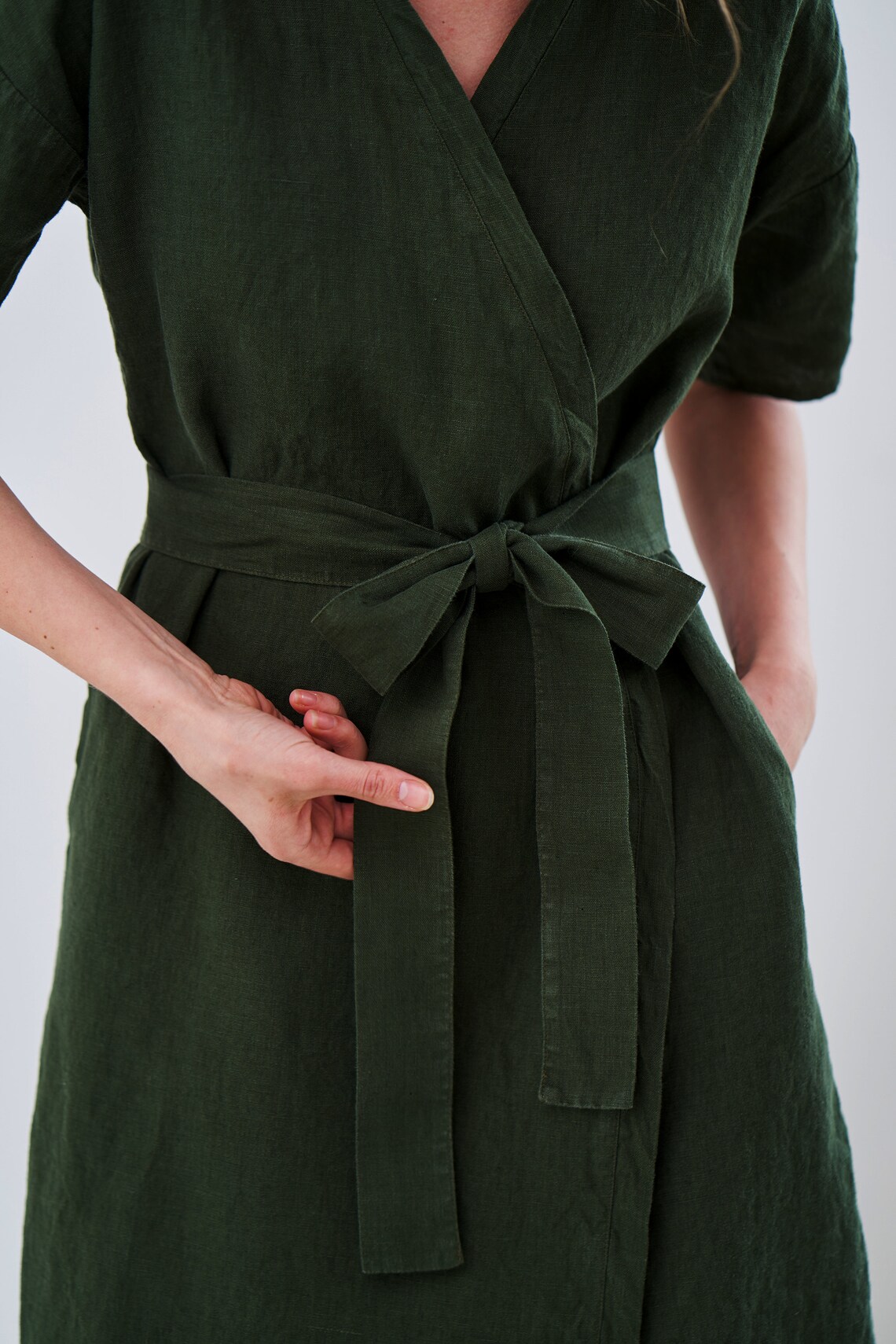 Linen Wrap Dress, Green Robe Dress, Linen Kimono Sleeve Dress, Washed ...