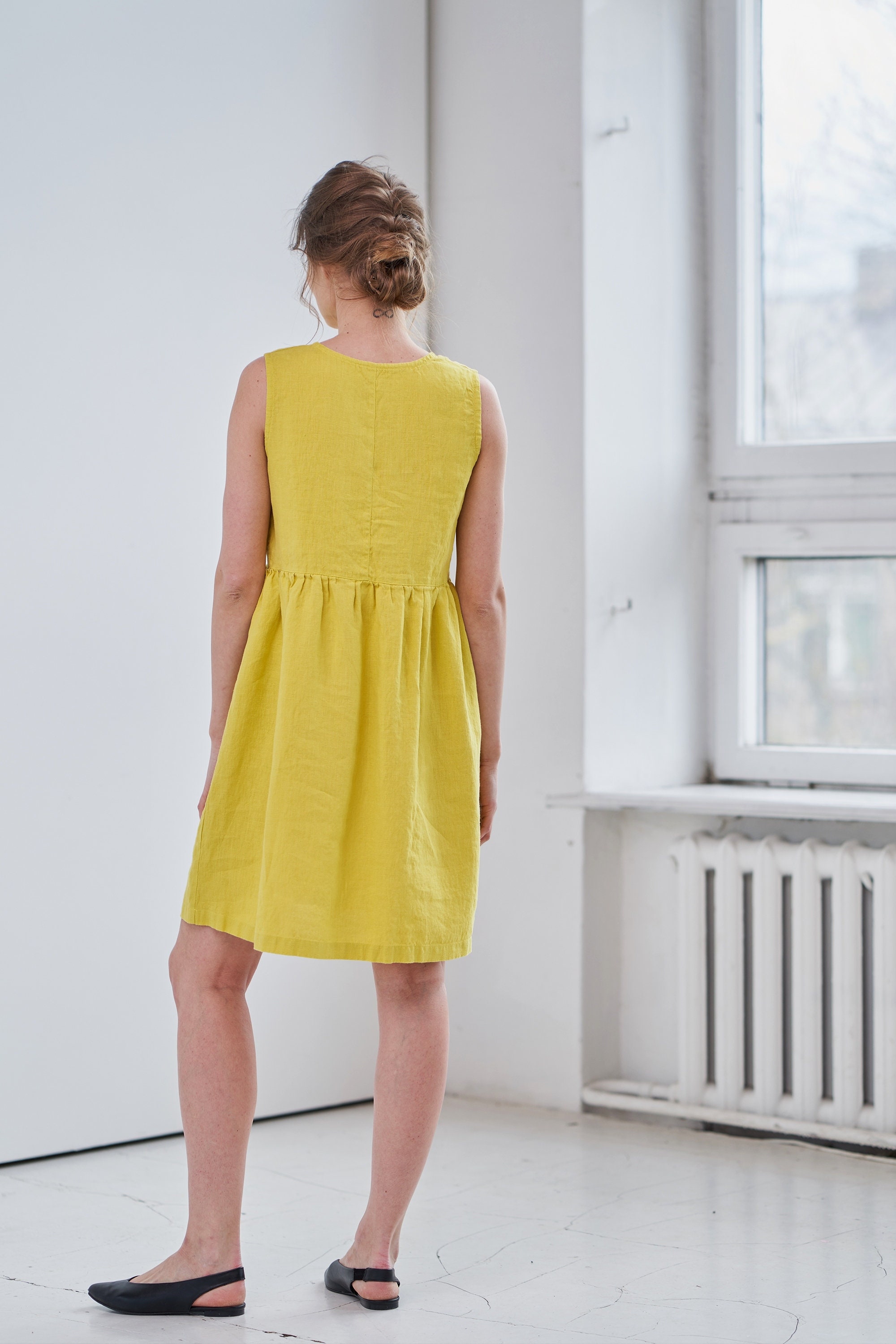 Sleeveless Linen Dress Yellow Linen Maternity Dress Button Up Dress