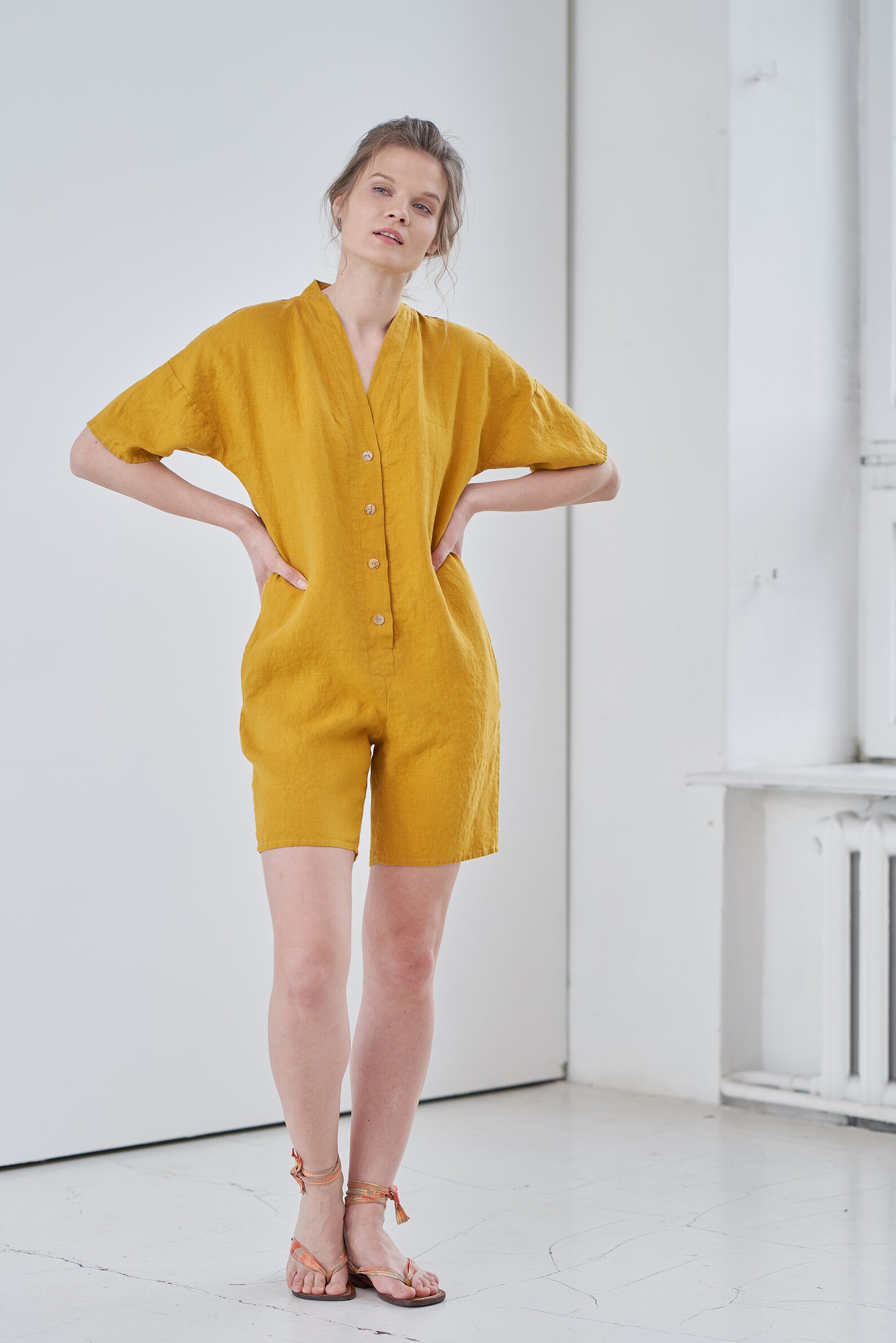 Linen Jumpsuit Linen Button Playsuit With Pockets Linen - Etsy