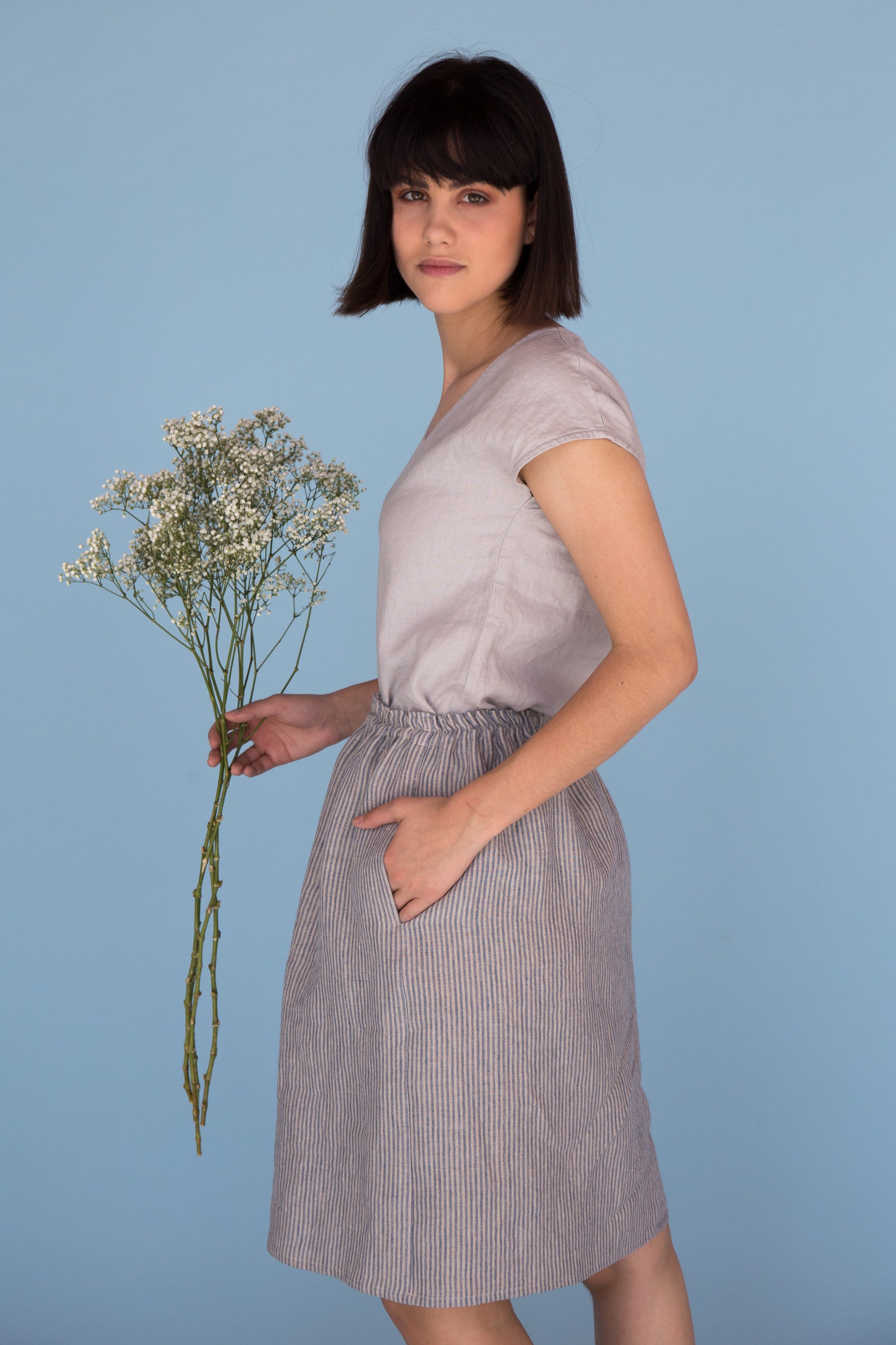 Linen Top, Washed Linen T Shirt, Grey Summer Top, V Neck Top for Women ...