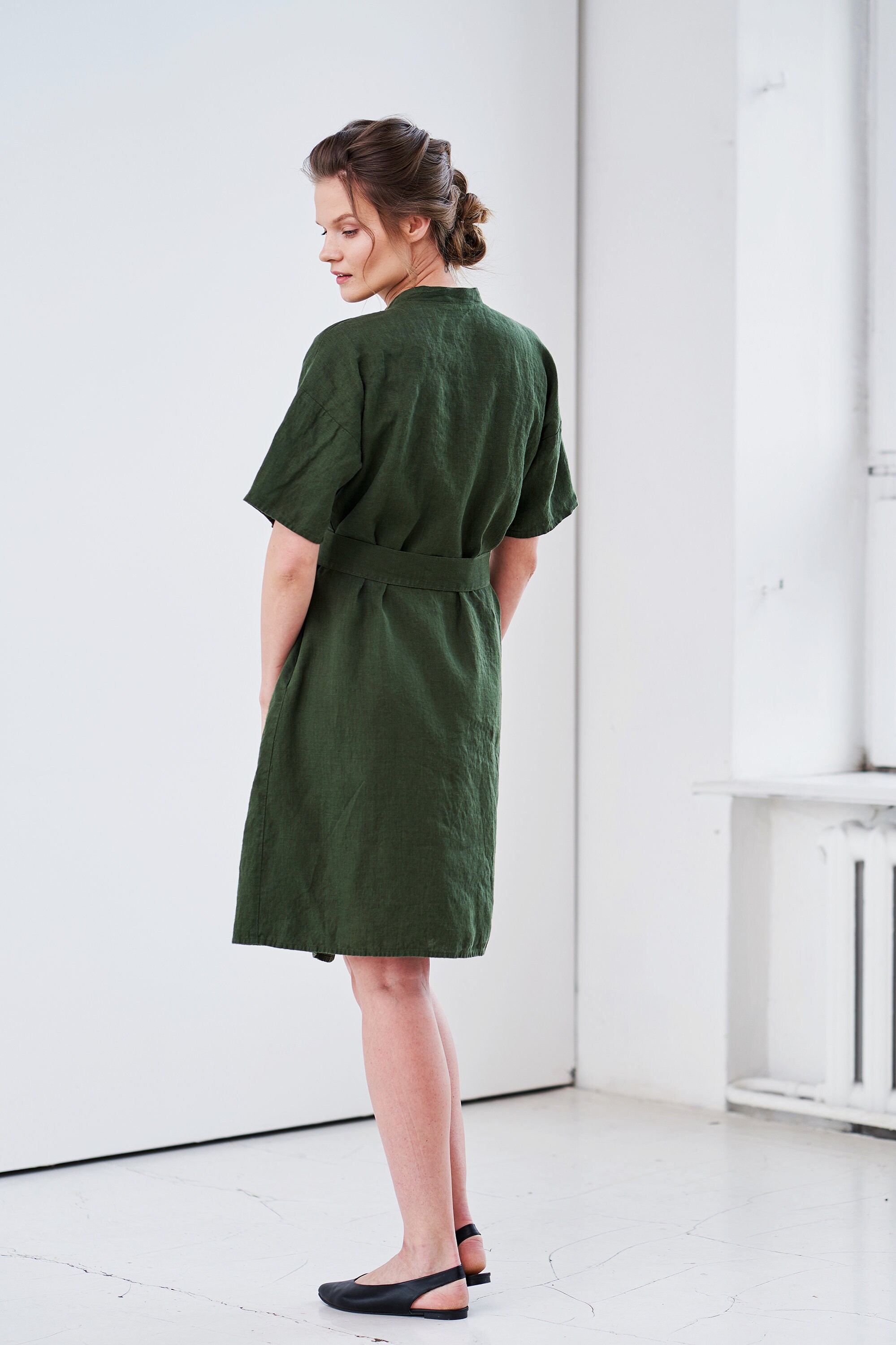 Linen Wrap Dress, Green Robe Dress, Linen Kimono Sleeve Dress, Washed ...