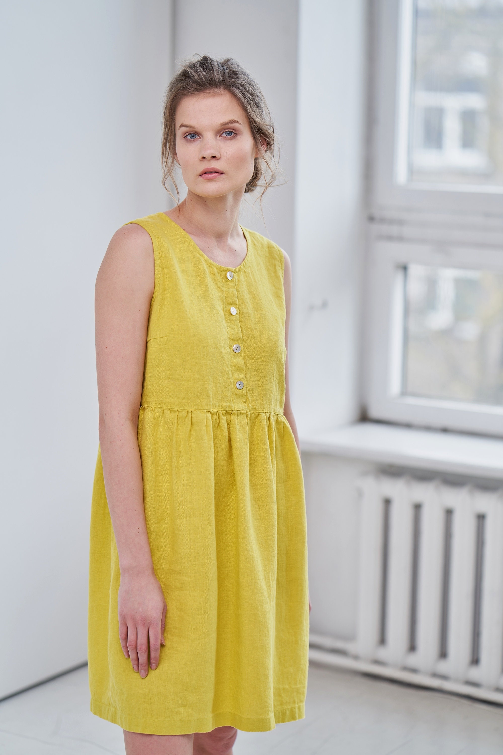 Sleeveless Linen Dress Yellow Linen Maternity Dress Button Up Dress
