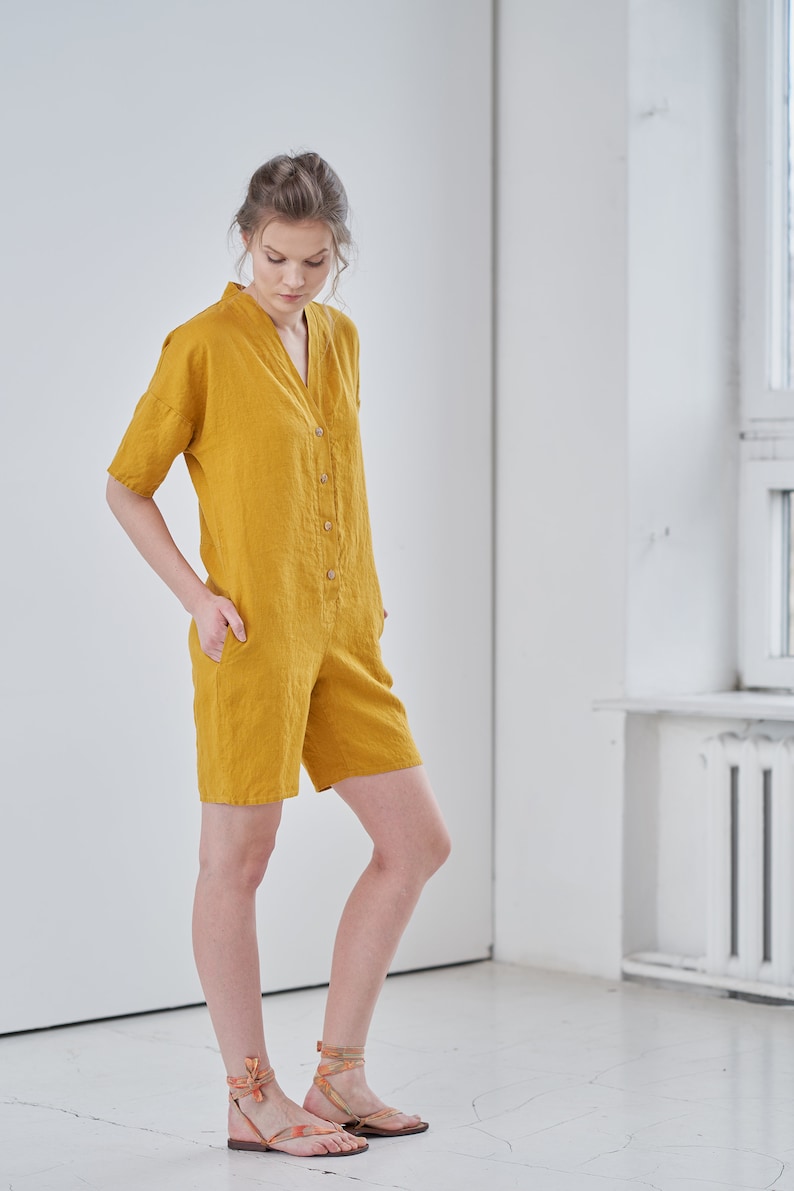 Linen Jumpsuit Linen Button Playsuit With Pockets Linen - Etsy