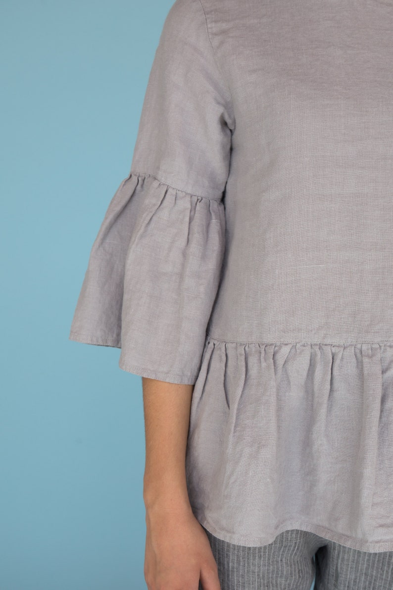 Linen Blouse, Linen Ruffle Top, Washed Linen Women's Blouse, Ruffle ...