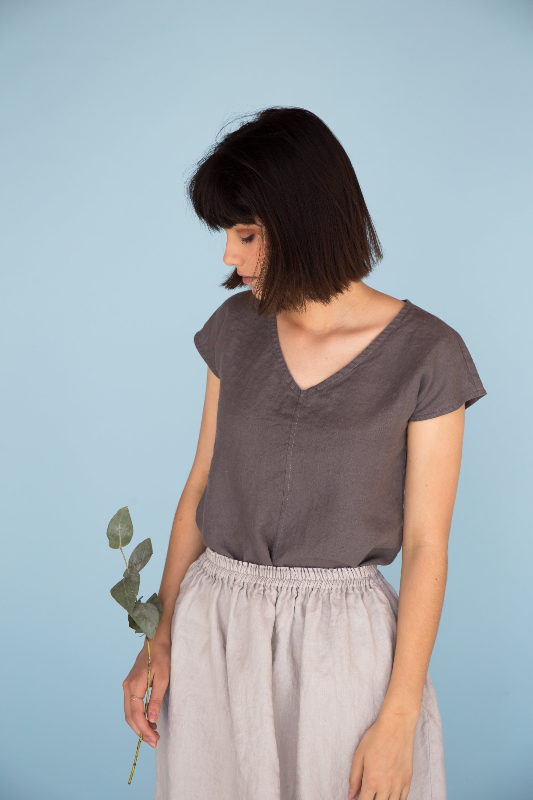 Linen Top, Washed Linen T Shirt, Grey Summer Top, V Neck Top for Women ...