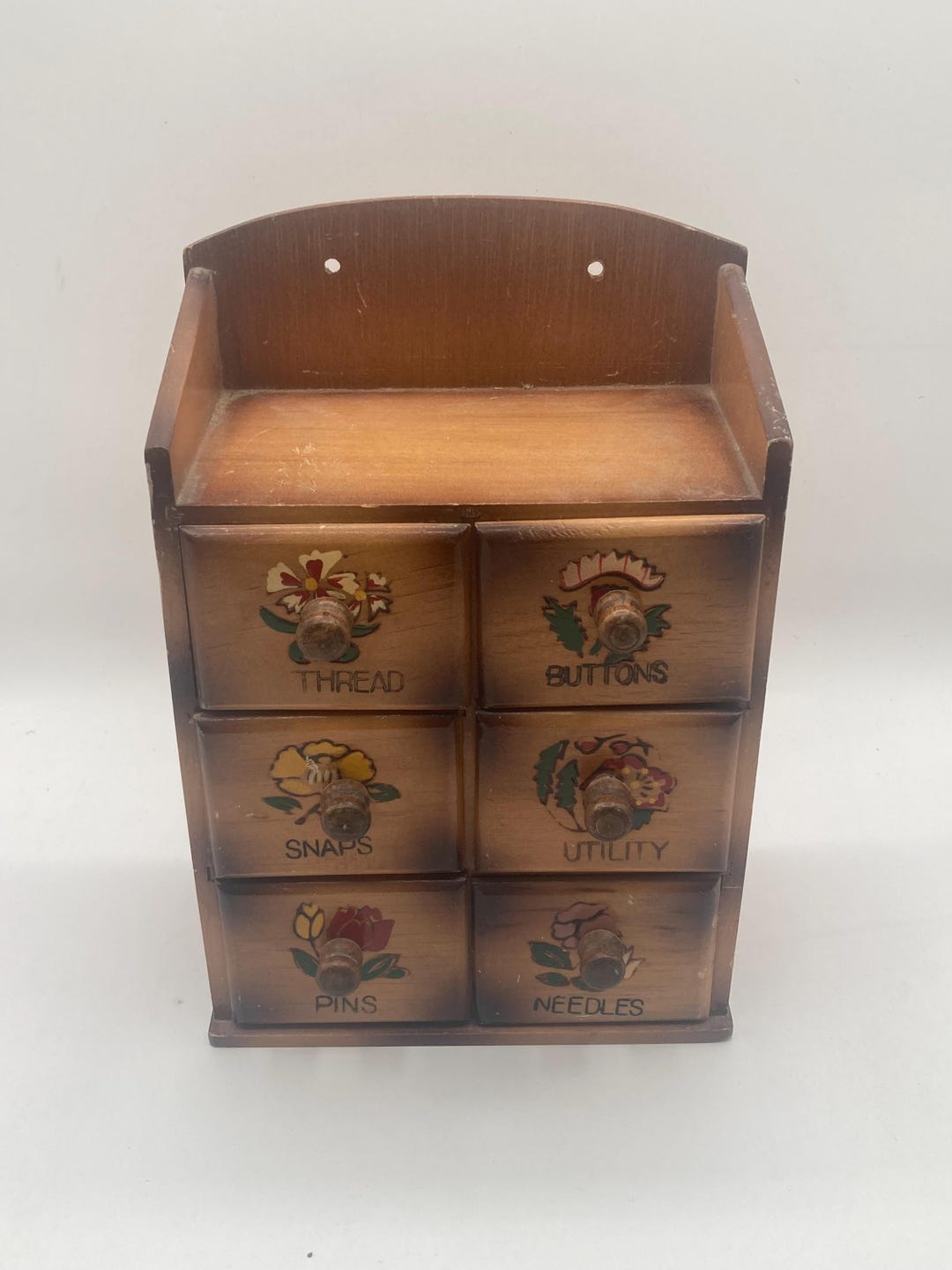 Vintage Sewing Cabinet 6 Drawer Buttons Thread Pins Needles Wood Small ...