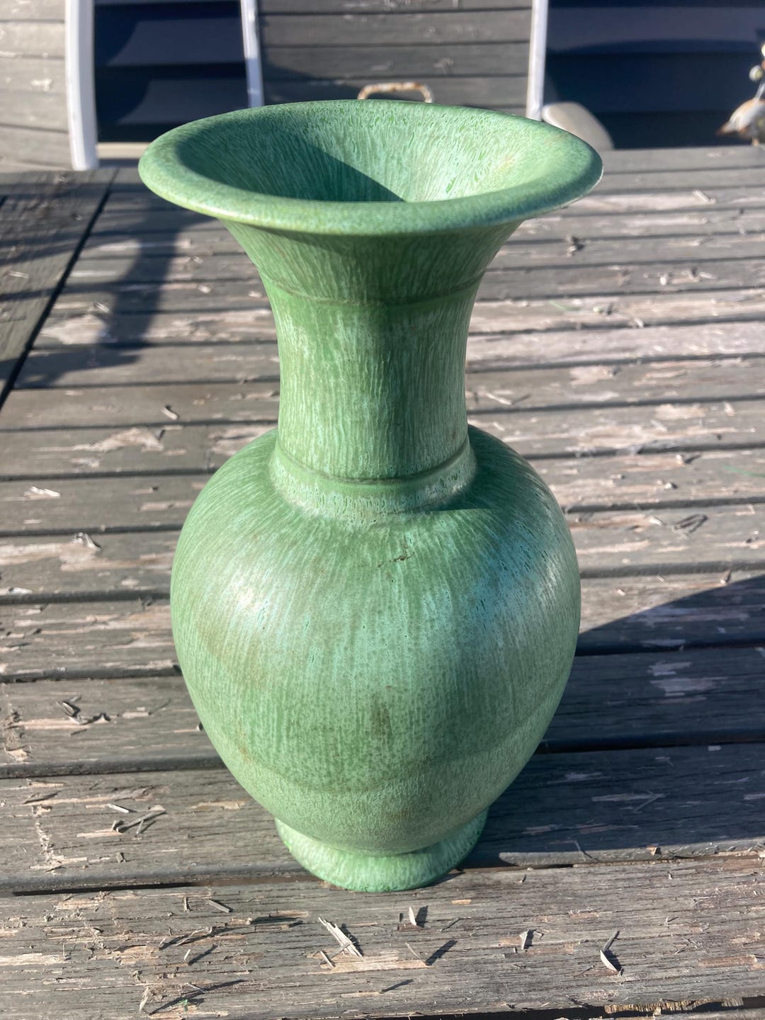 Rare Amaco Pottery Shape #32 1930’s Tall Green Curdled Glaze Flared ...