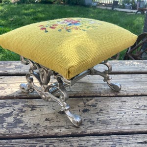Antique Victorian Cast Iron Ottoman Foot Stool Cross Stitch Floral Design Vibtage Furniture Decor Etsy