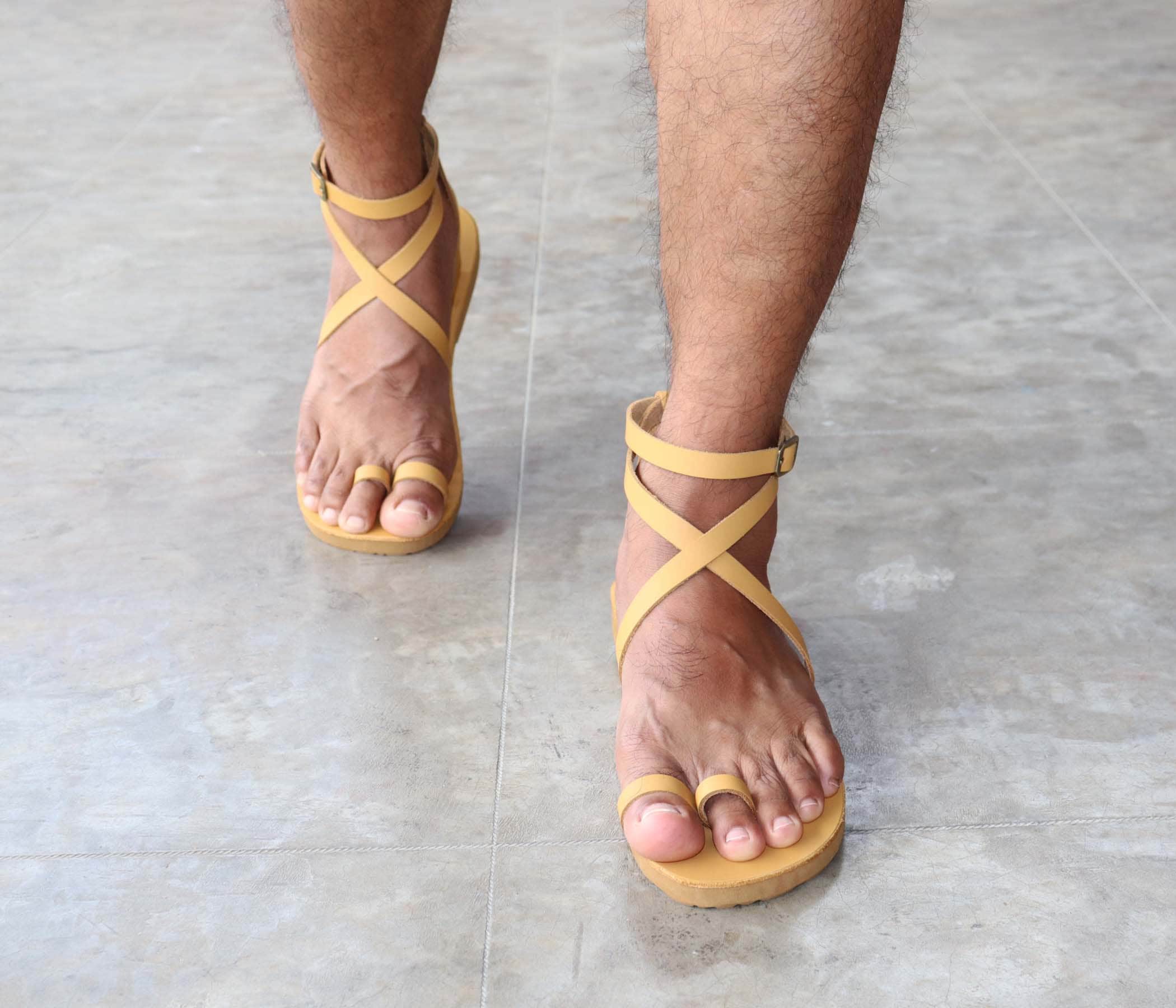 Beige Leather Men Sandals, Double Toe Ring Sandals, Greek Leather ...