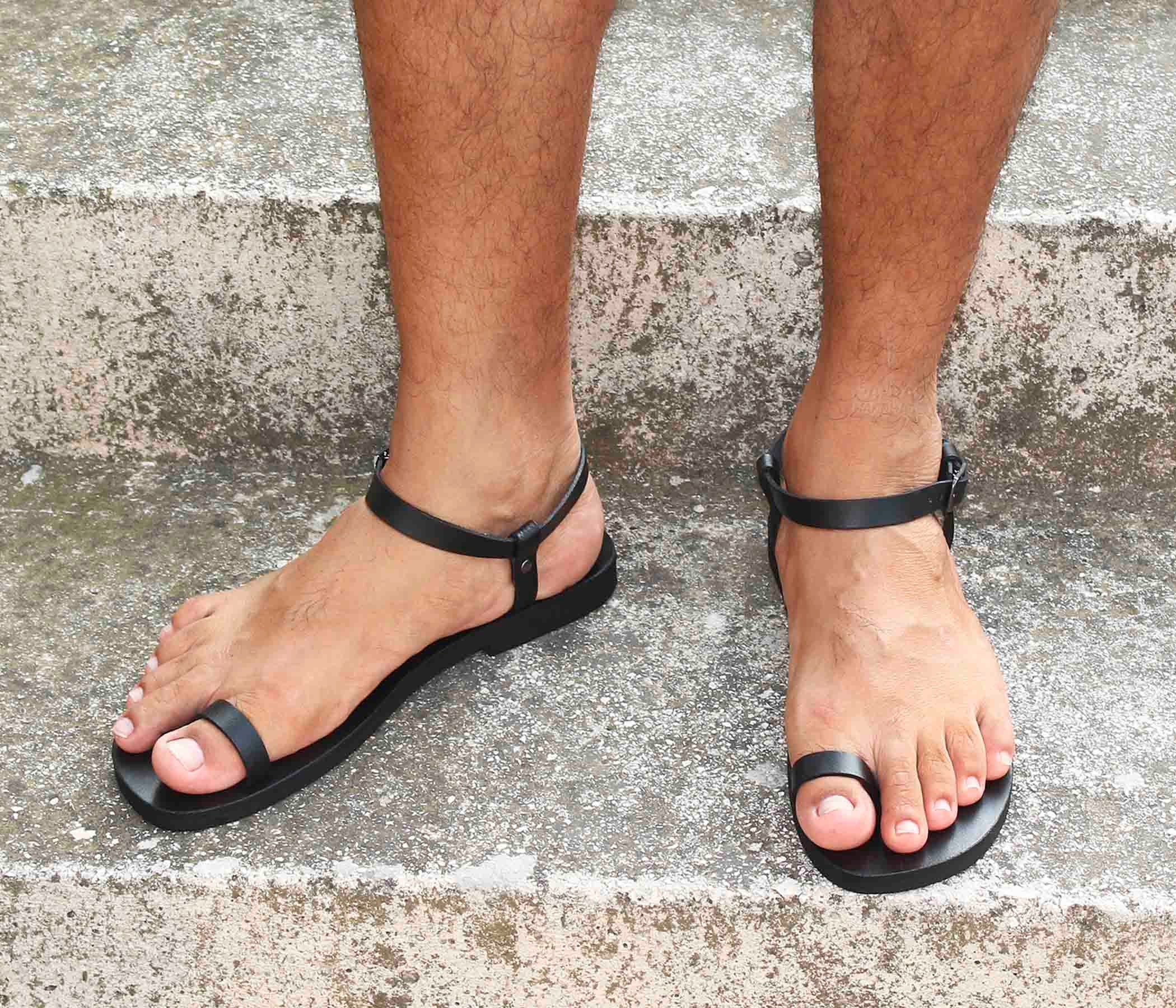 Ankle Strap Leather Minimalist Men's Sandals With Toe Ring, Barefoot ...