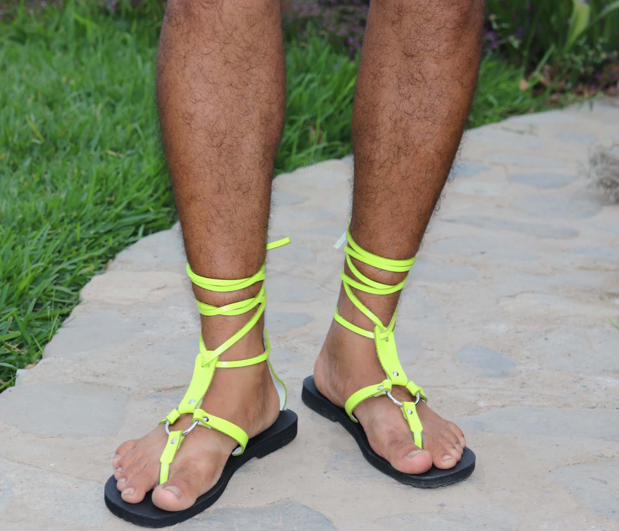 Fluorescent Colors Leather Sandals, Greek Men Sandals, Barefoot Men ...