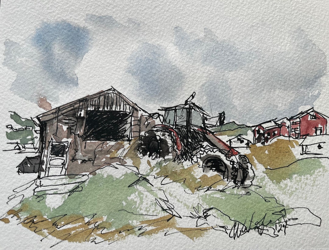 English Countryside Farm Equipment Field Barn Sketch Watercolor ...
