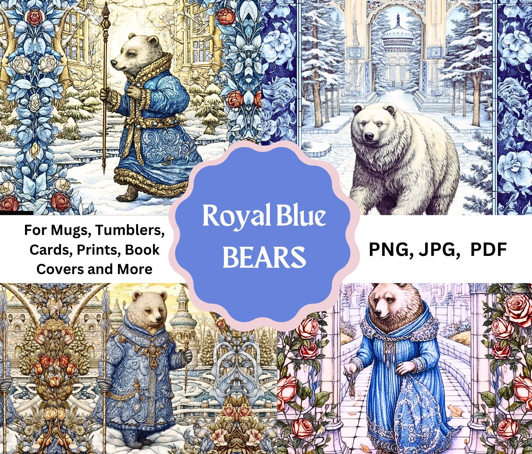 CHRISTMAS - Royal Blue Bears Digital Files Bundle, Pattern Design for ...
