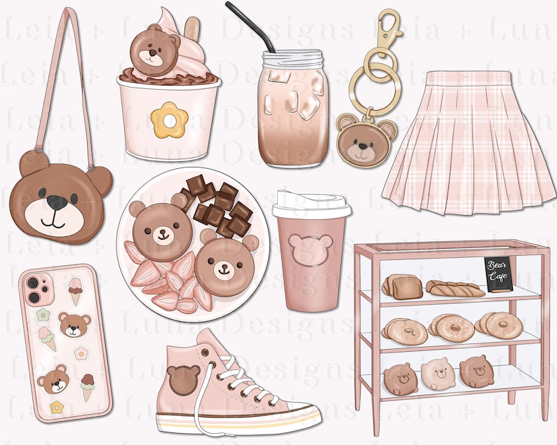 Bear Cafe Coffee Shop Brunch Fashion Girl Clip Art Cute Coffee - Etsy