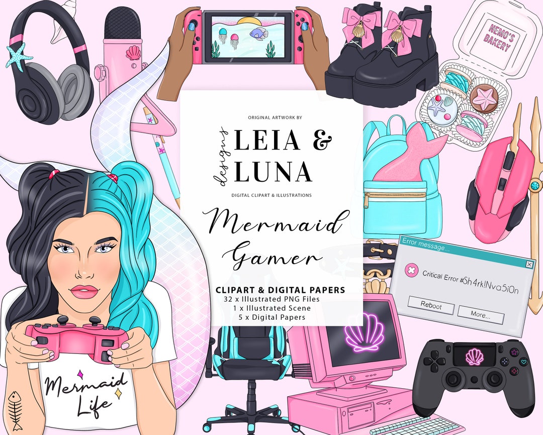 Mermaid Gamer Girl Mermay Fashion Girl Clip Art Watercolor Clipart ...