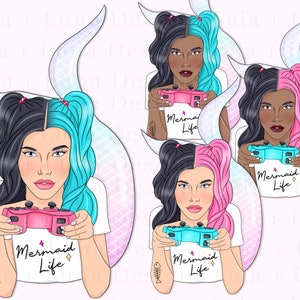 Mermaid Gamer Girl Mermay Fashion Girl Clip Art Watercolor Clipart ...