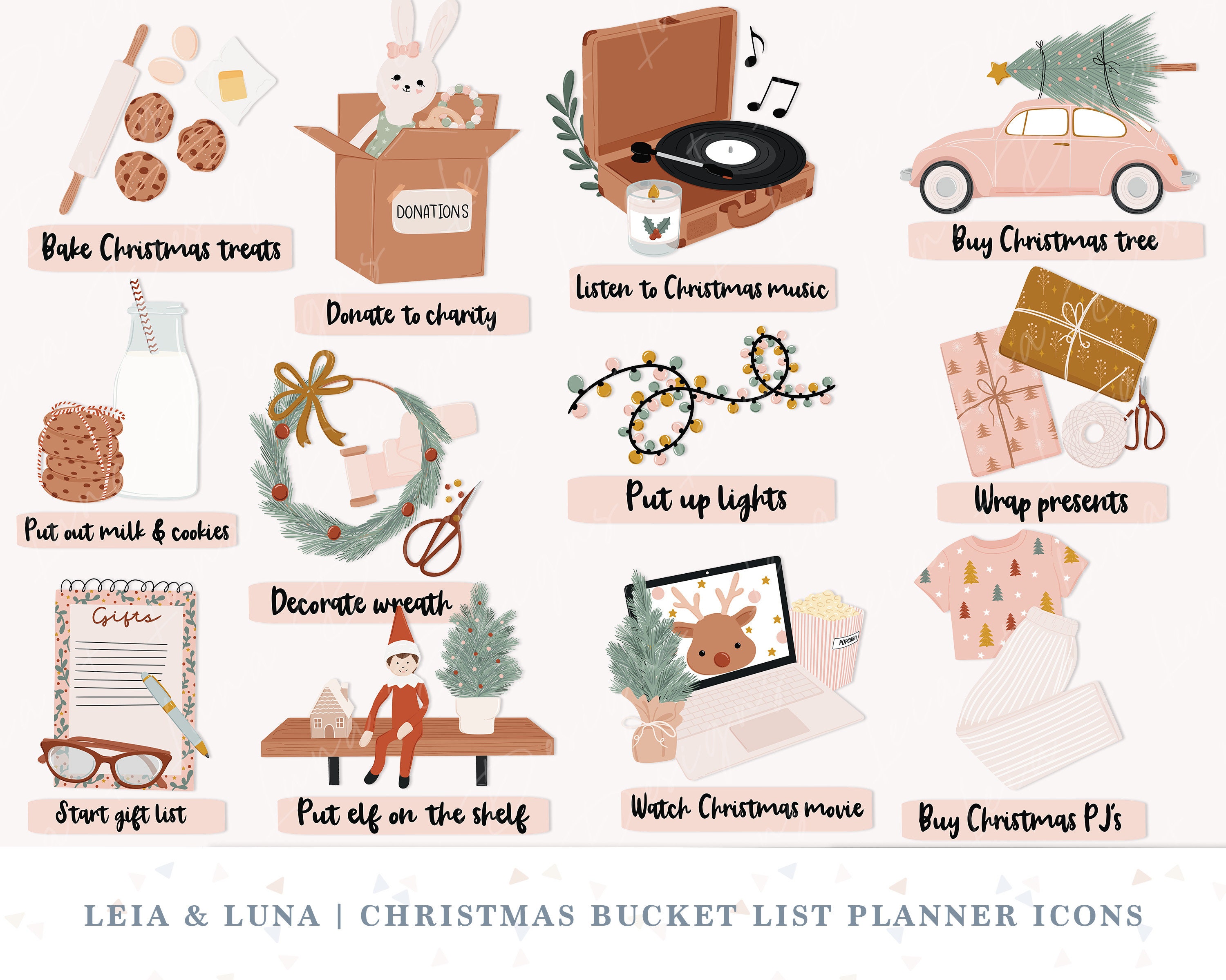 Christmas Bucket List Planner Icons to Do Clip Art Watercolor Clipart ...