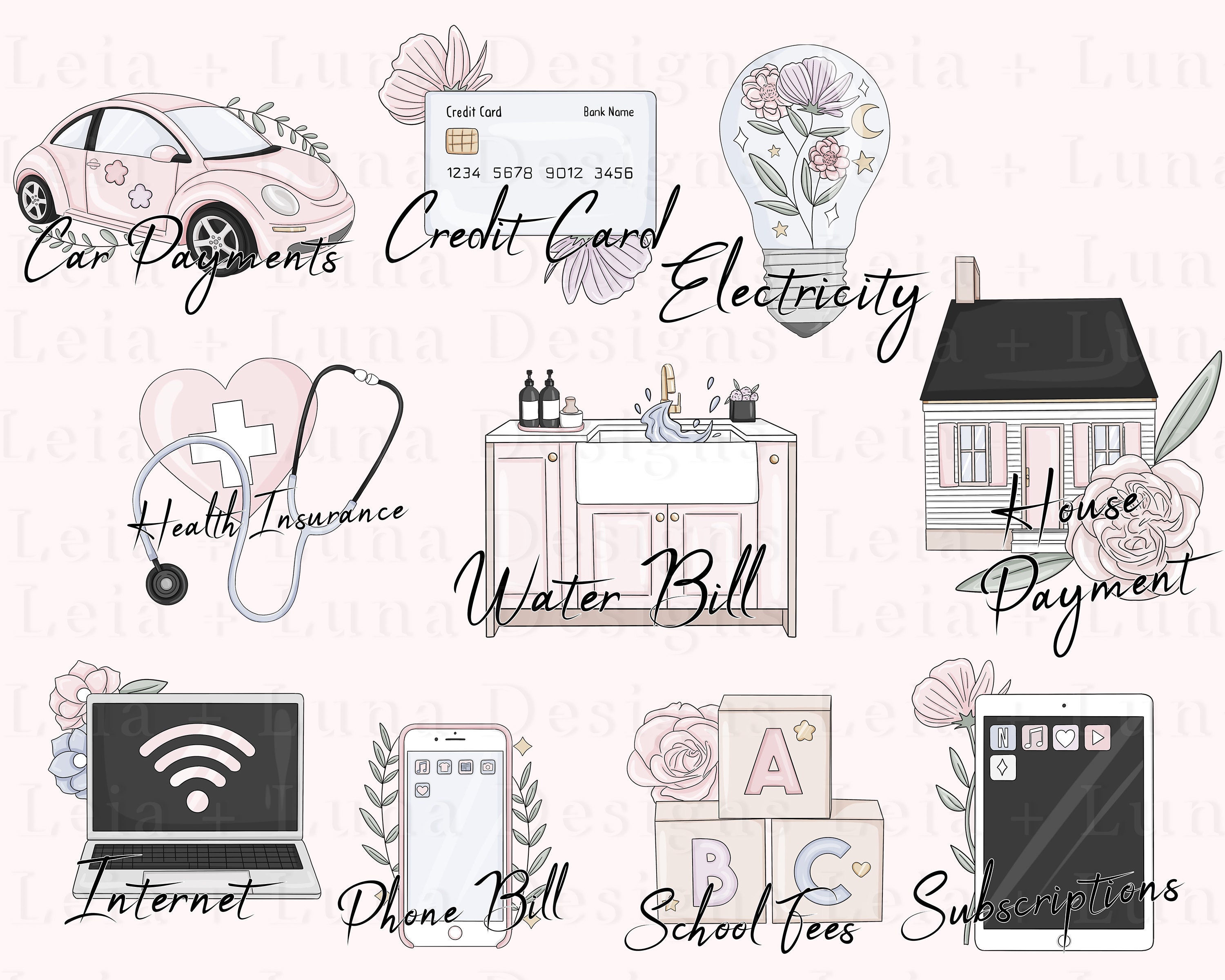 Bills Payment Planner Icons to Do Fashion Girl Clip Art Watercolor ...