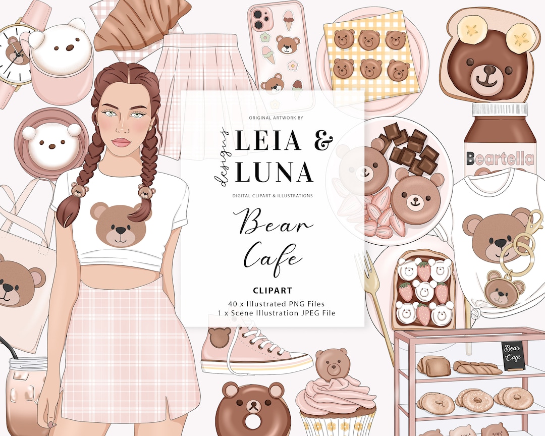 Bear Cafe Coffee Shop Brunch Fashion Girl Clip Art Cute Coffee Tea ...