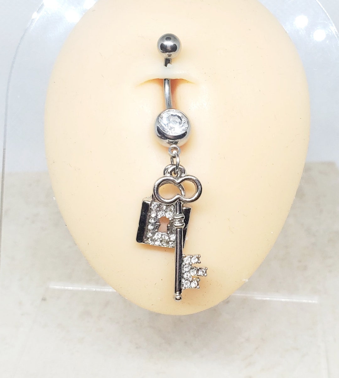 14g 316L Surgical Steel Silver Key Lock Cz Long Belly Ring - Etsy