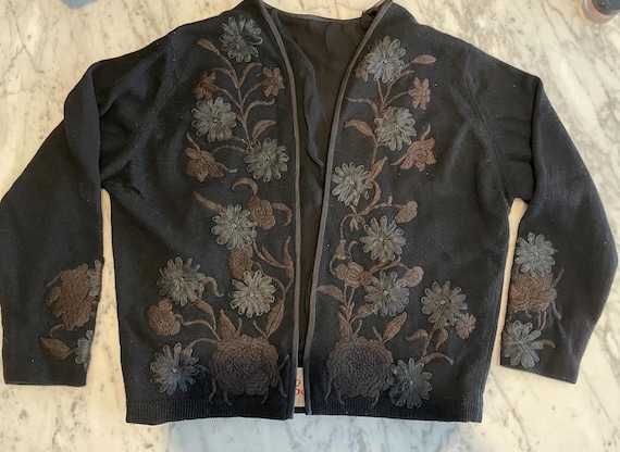 1950s Helen Bond Carruthers rare black appliqué cardi… - Gem