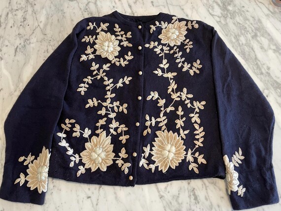 1950s Helen Bond Carruthers navy blue appliqué cardig… - Gem