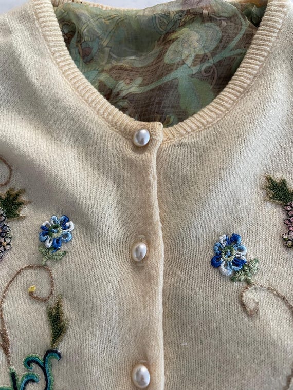 1950s Helen Bond Carruthers cream appliqué cardigan s… - Gem